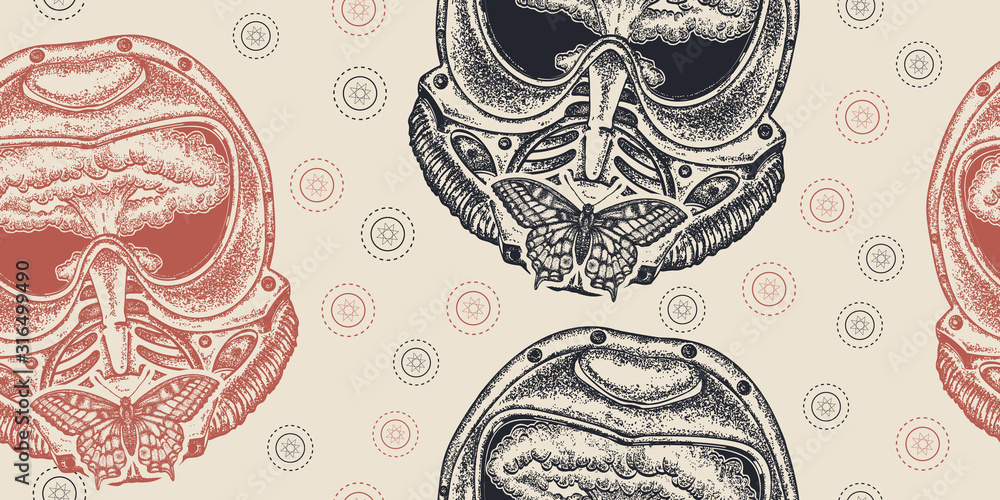 Gas mask and nuclear explosion. Seamless pattern. Packing old paper ...