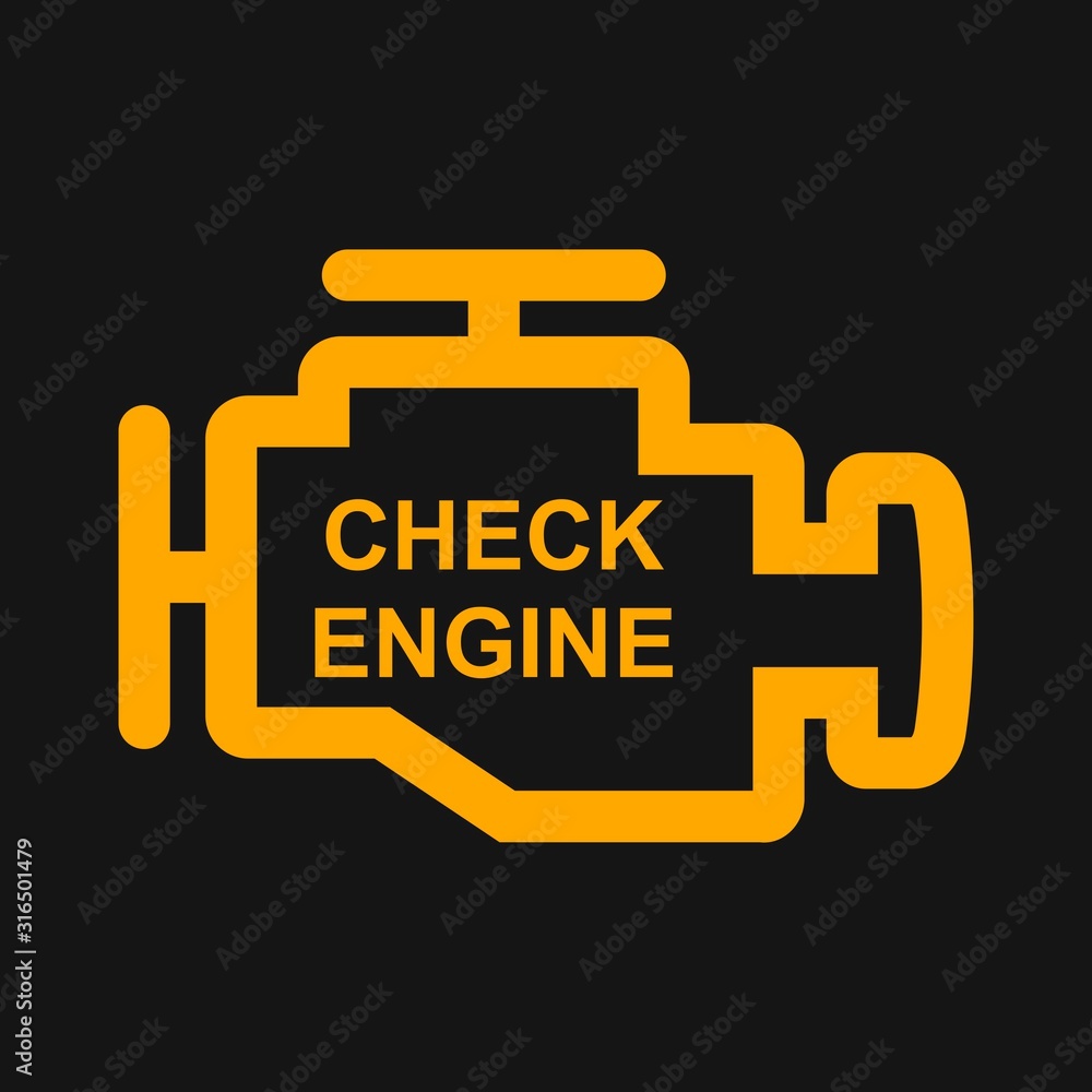 Check engine warning sign isolated in black background. Engine repair ...