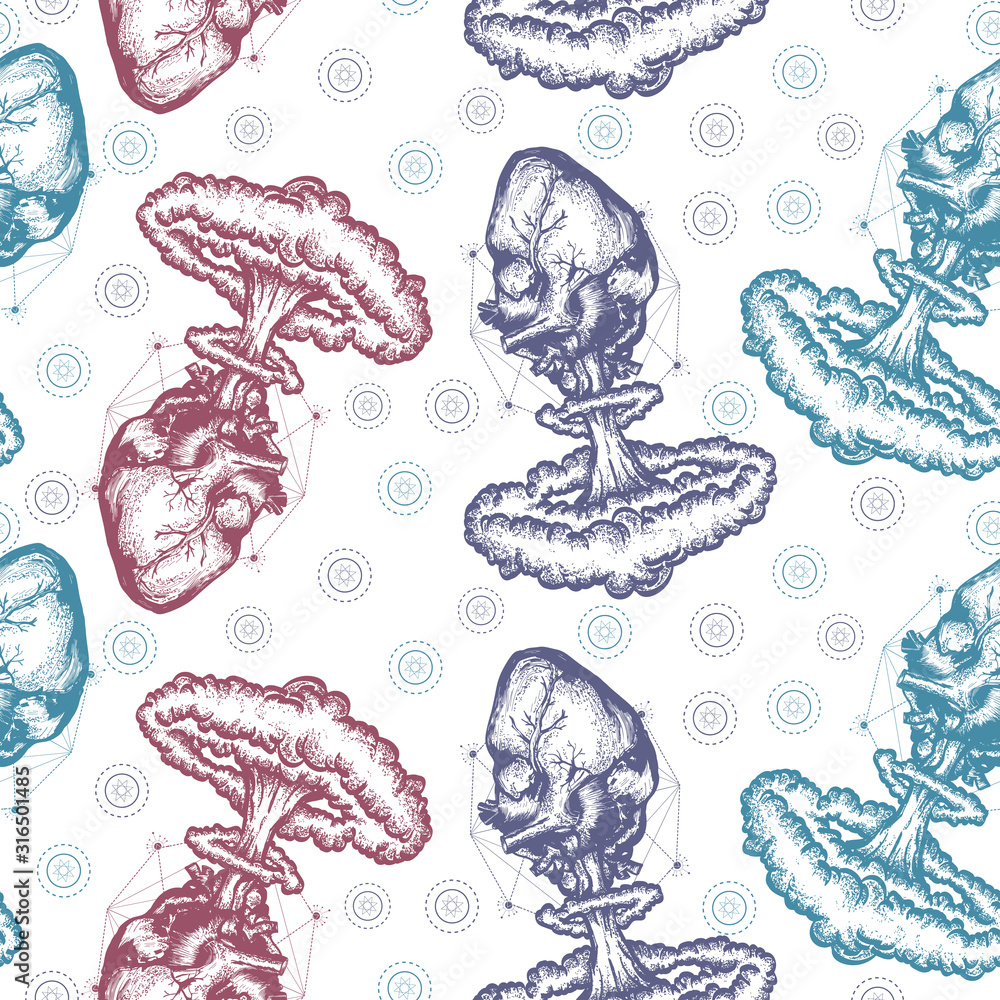 Nuclear explosion of anatomical heart. Seamless pattern. Packing old ...
