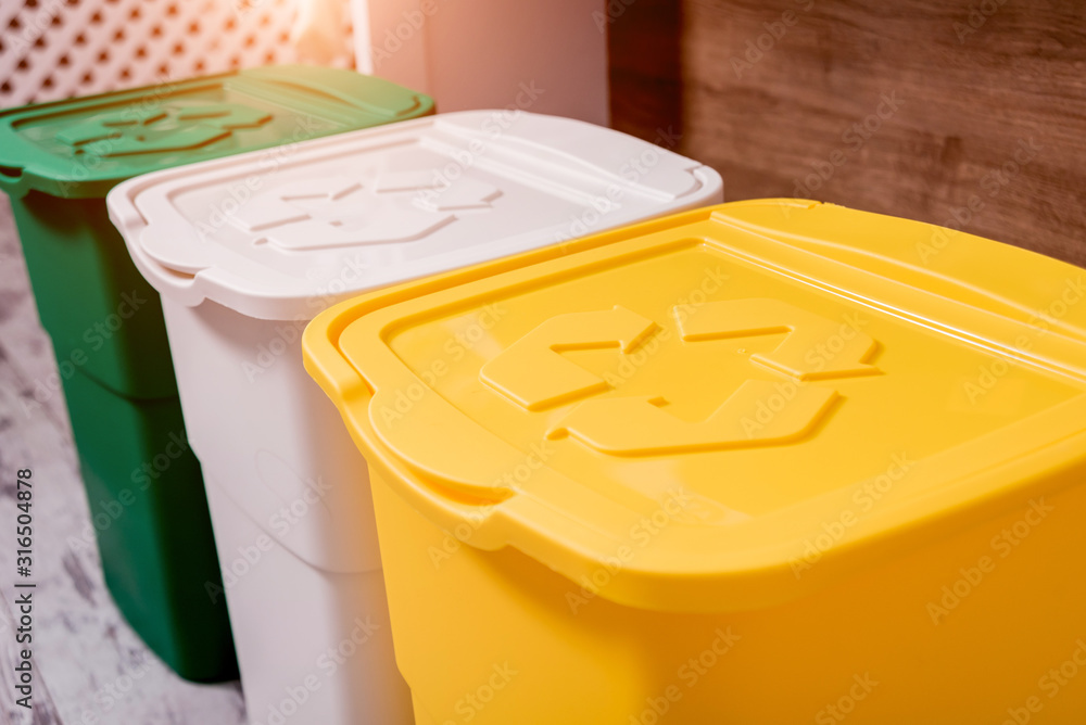 Recycle bins in the kitchen. Household waste sorting. Environmentally ...