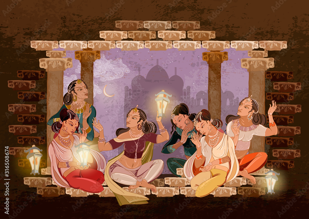 Fashion islamic princesses. Scheherazade tell fairy tales in moonlight ...