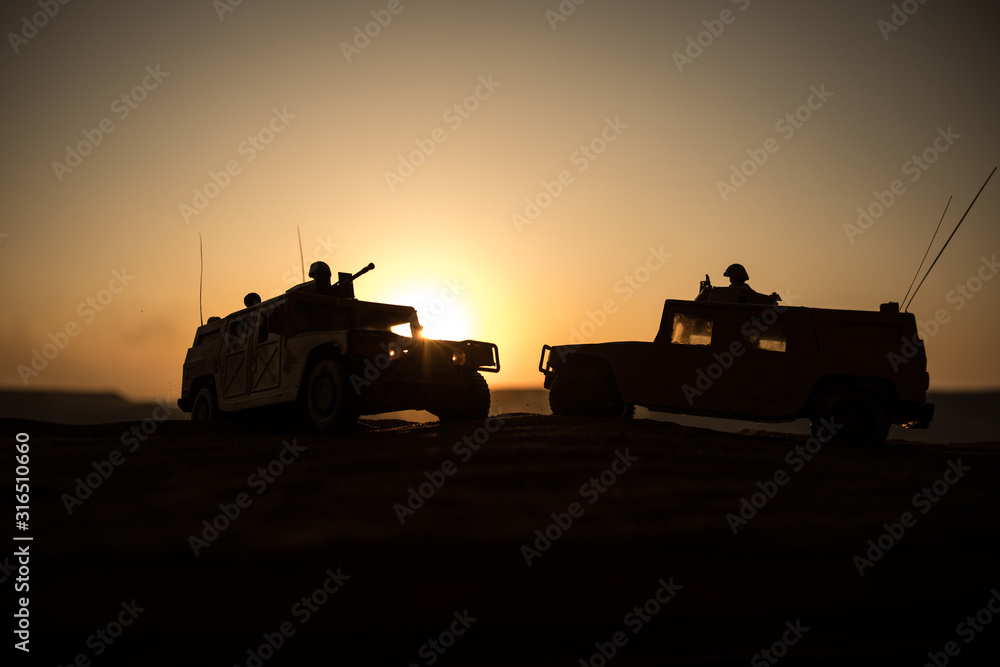 Military patrol car on sunset background. Army war concept. Silhouette ...