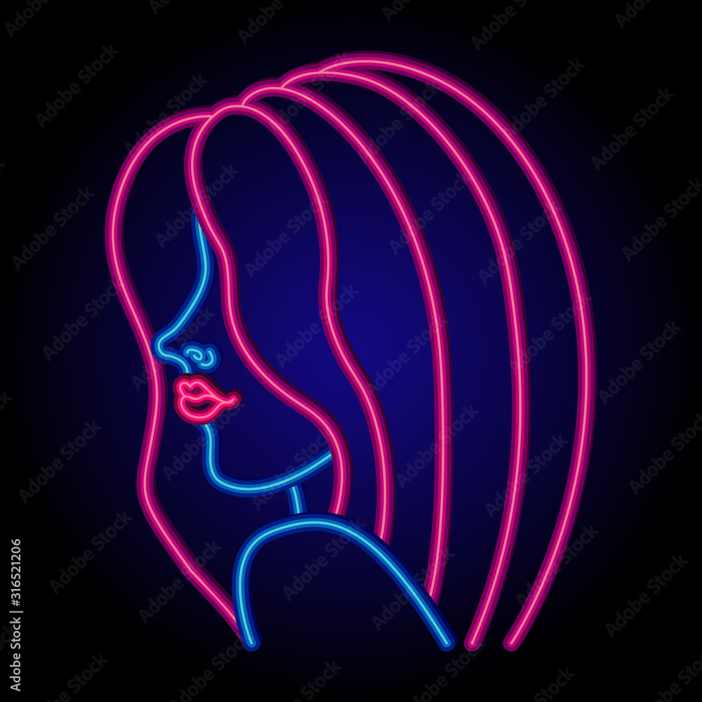 Neon sign girl face. Pop style, illumination glow effect. Retro ...