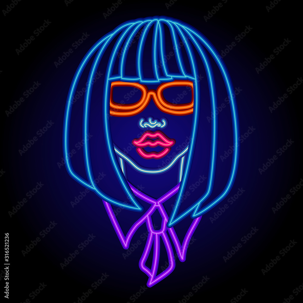 Neon sign girl face. Pop style, illumination glow effect. Retro ...