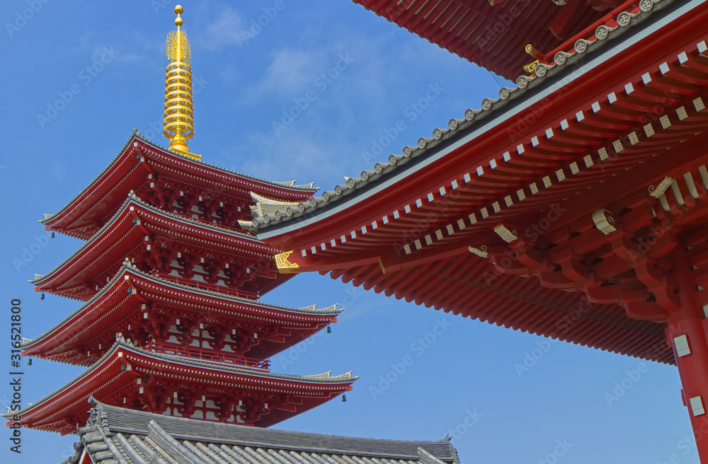 Japanese architectural details of the red roof of a Japanese temple ...