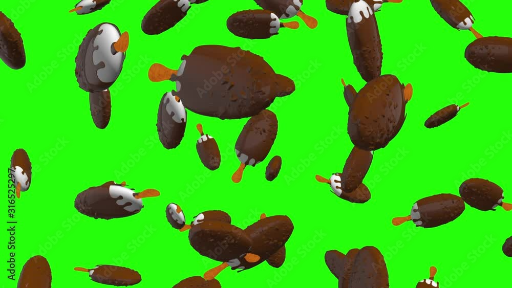3d rain of Ice creams on stick coated with chocolate glazed falling on ...