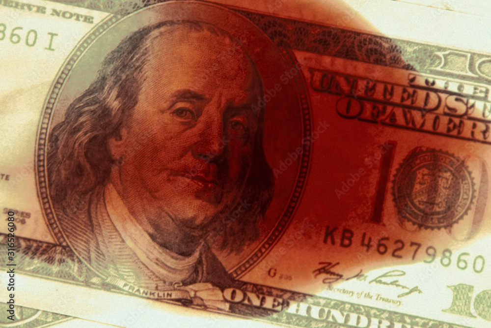 Killing and murder for money. US Dollar bills in the blood as symbol of ...