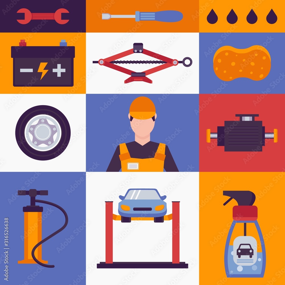 Car service icons in colorful collage, vector illustration. Set of ...