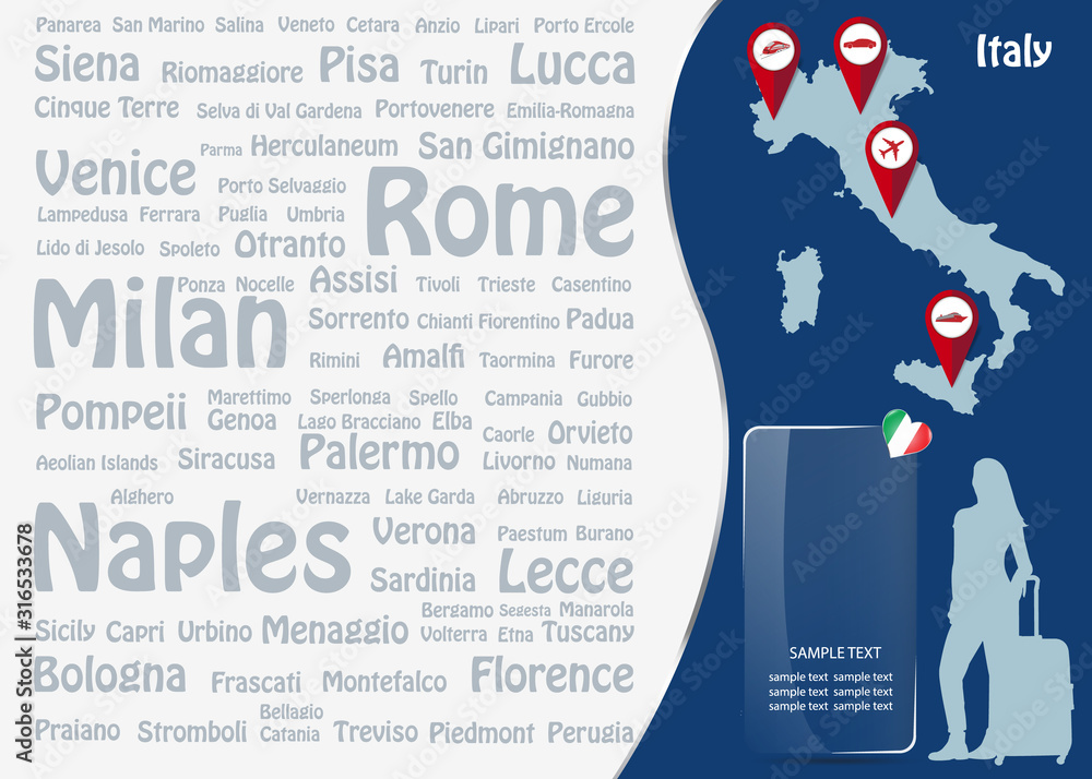 Travel to Italy template vector with names of famous Italiian landmarks ...