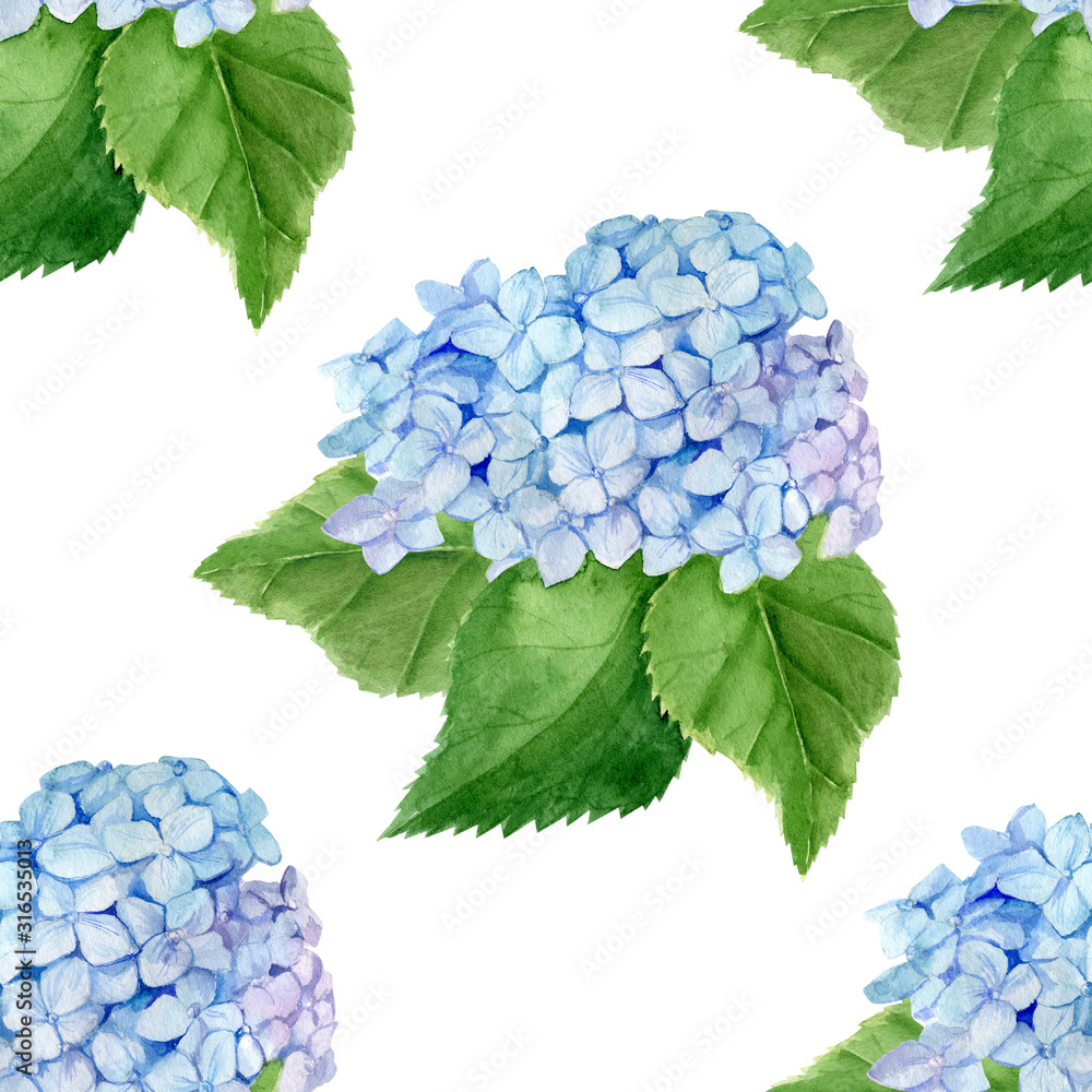 the finished image is a seamless pattern of blue hydrangea with green ...