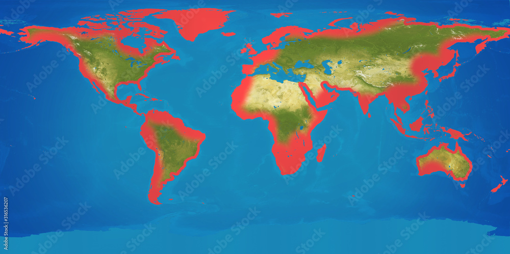 red zones coasts of the world due to rising sea levels, external ...