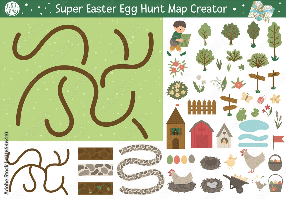 Easter egg hunt map creator. Set of flat cartoon elements for ...