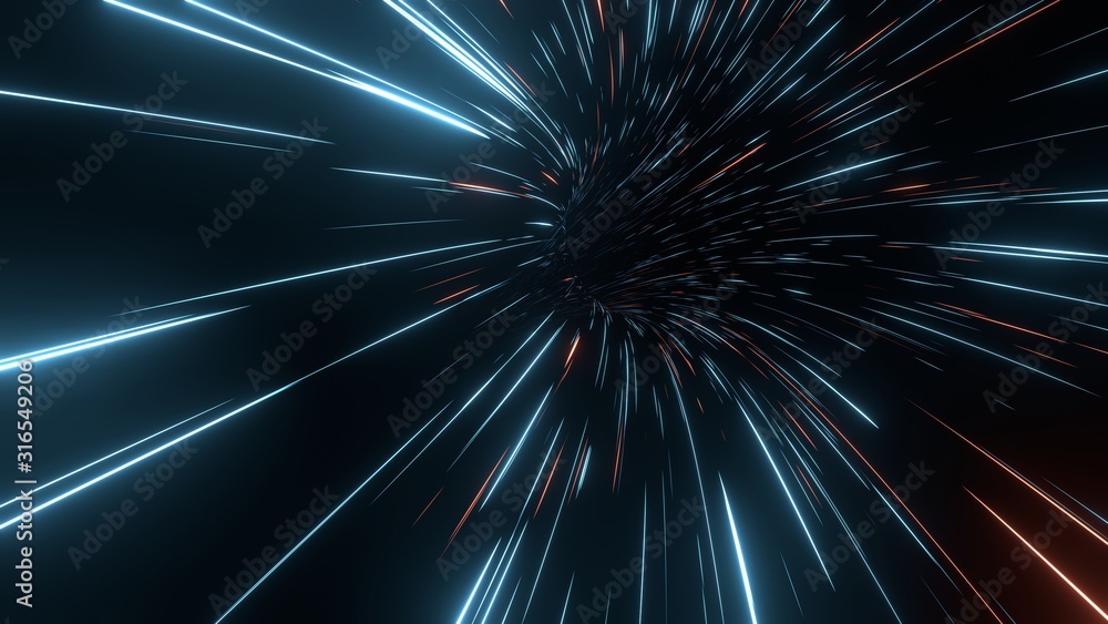 3D Rendering of abstract fast moving stripe lines with glowing sun light flare. High speed ...