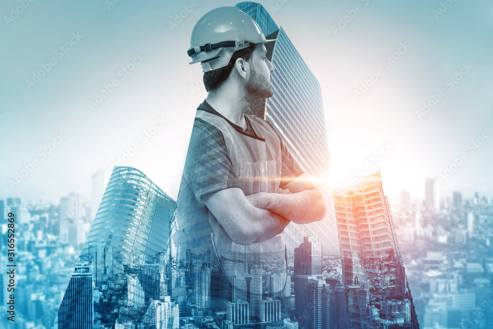 Future building construction engineering project concept with double ...