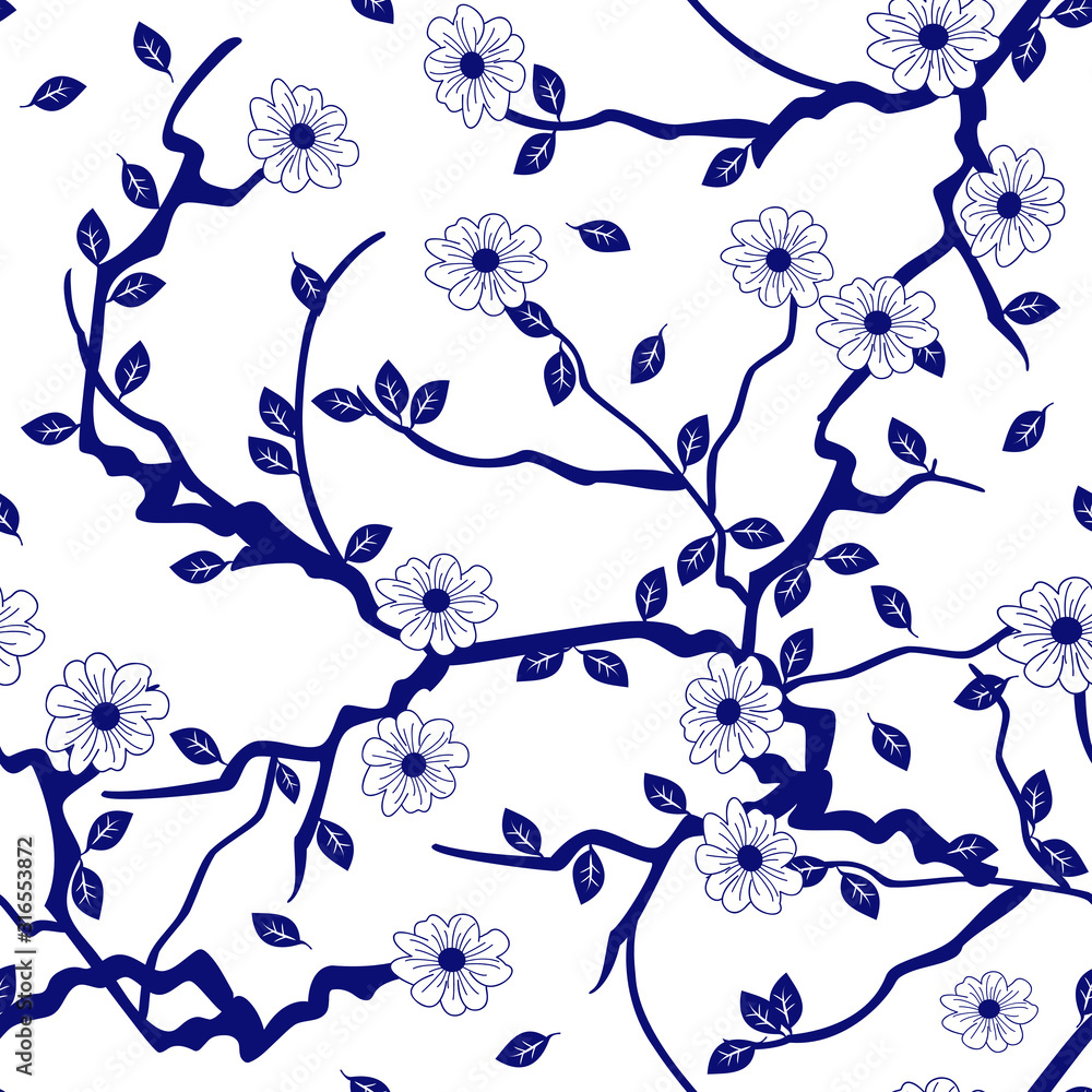 Oriental floral pattern. Blue and white ceramic background. Chinese ...