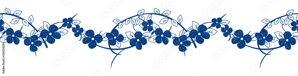 Ceramic blue and white floral frame border seamless pattern. Hand draw ...