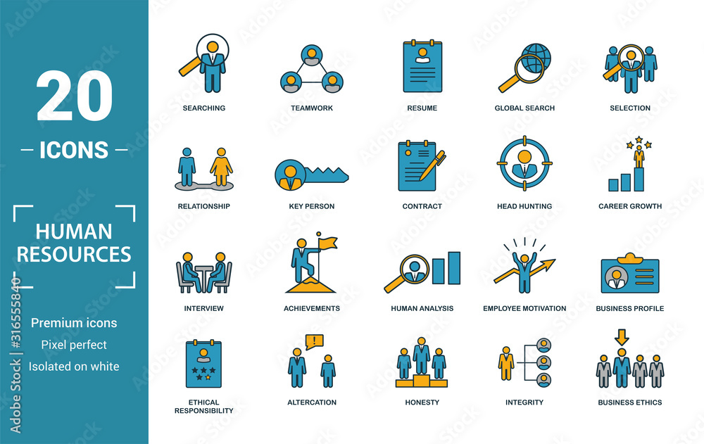 Human Resources icon set. Include creative elements searching, resume ...