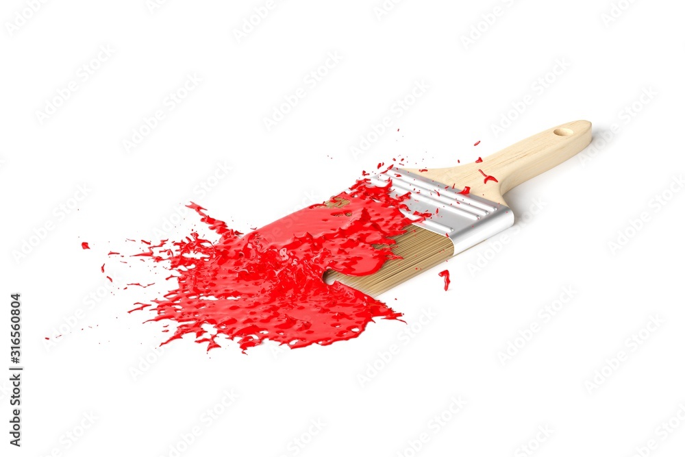 Red paint splashing onto paint brush on white background Stock ...