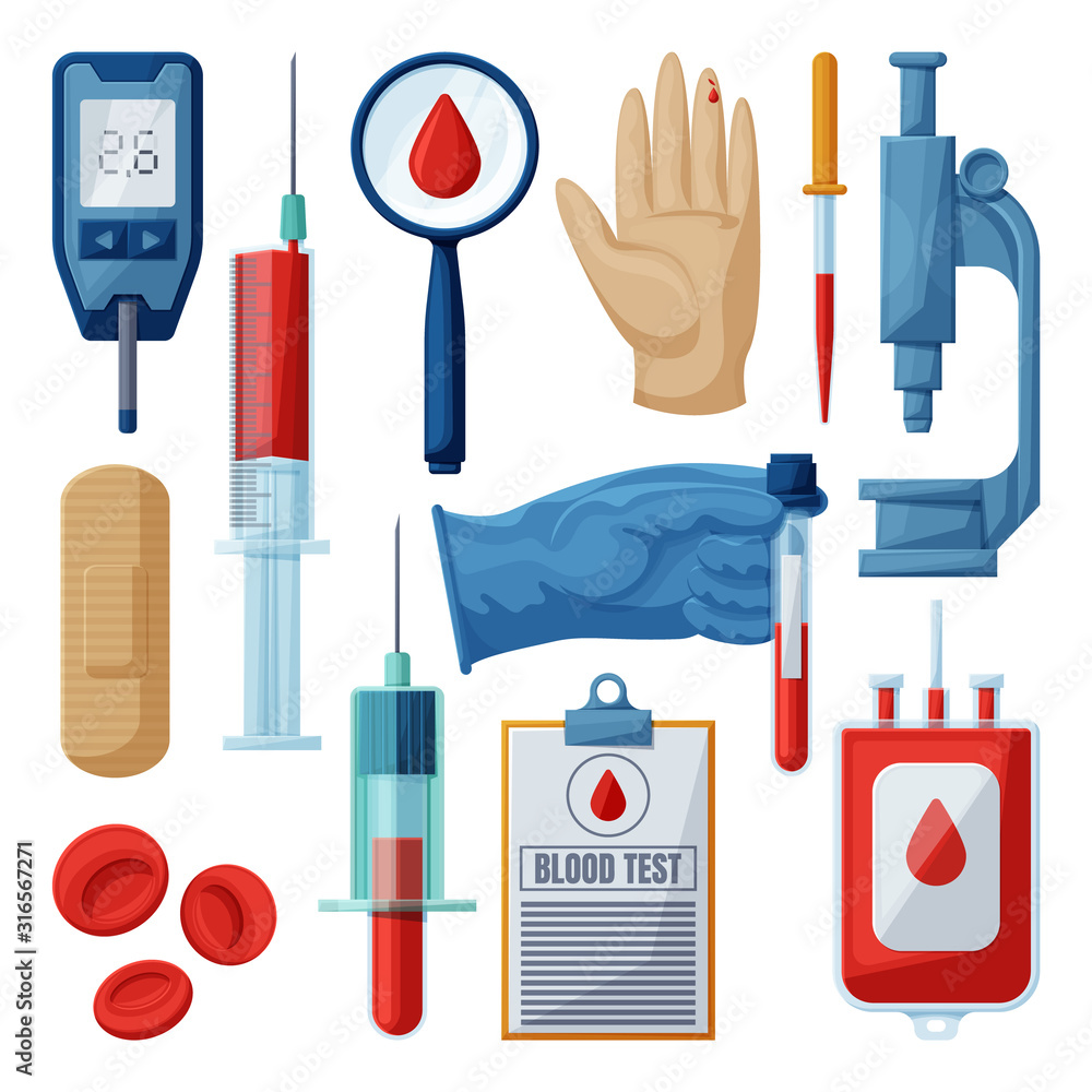 Test of blood cartoon set icon.Vector illustration laboratory research ...