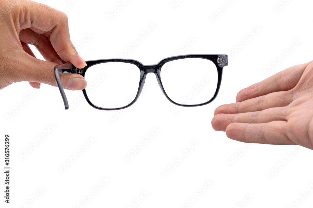 Hand holding Broken eyeglasses first-person view isolated on white ...