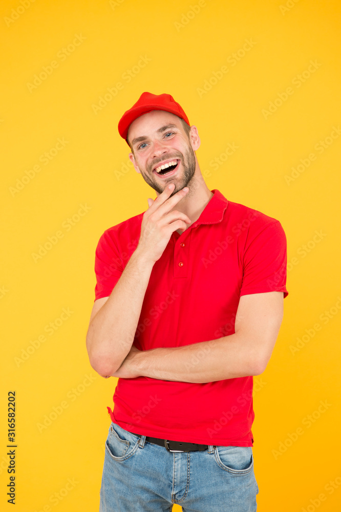 Welcome. Supermarket cashier. Man delivery service wear red cap. Shop ...