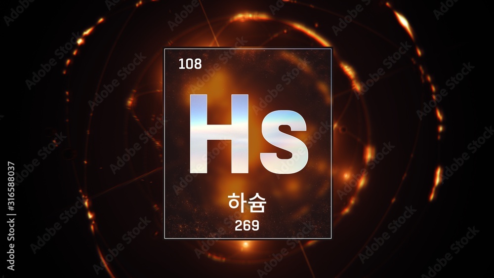 3D illustration of Hassium as Element 108 of the Periodic Table. Orange ...