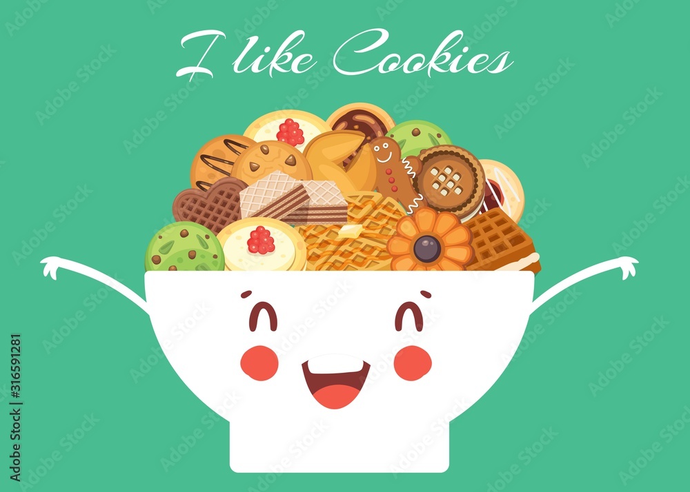 Cartoon cookies and kawaii bowl food for coffee break chocolate cookies ...