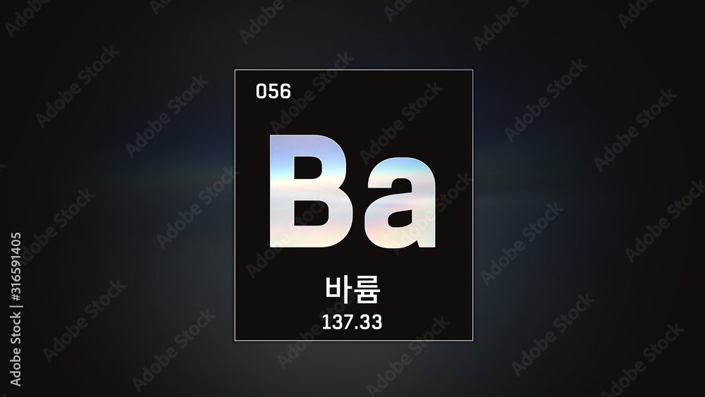 3D illustration of Barium as Element 56 of the Periodic Table. Grey ...