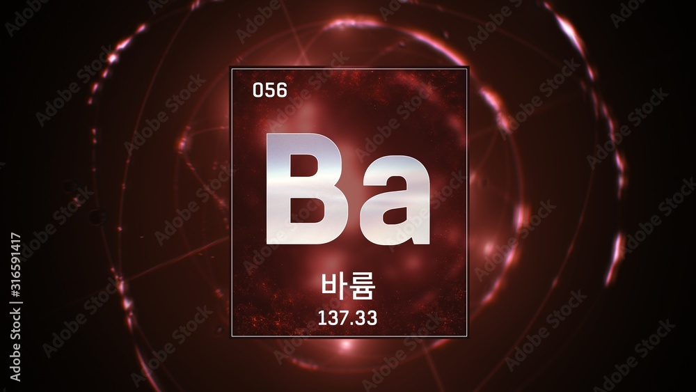 3D illustration of Barium as Element 56 of the Periodic Table. Red ...