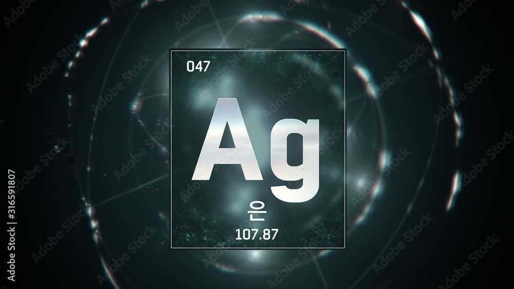 3D illustration of Silver as Element 47 of the Periodic Table. Green ...