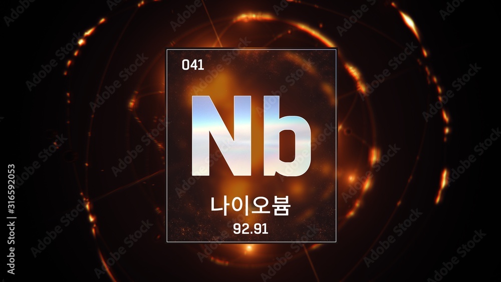 3D illustration of Niobium as Element 41 of the Periodic Table. Orange ...