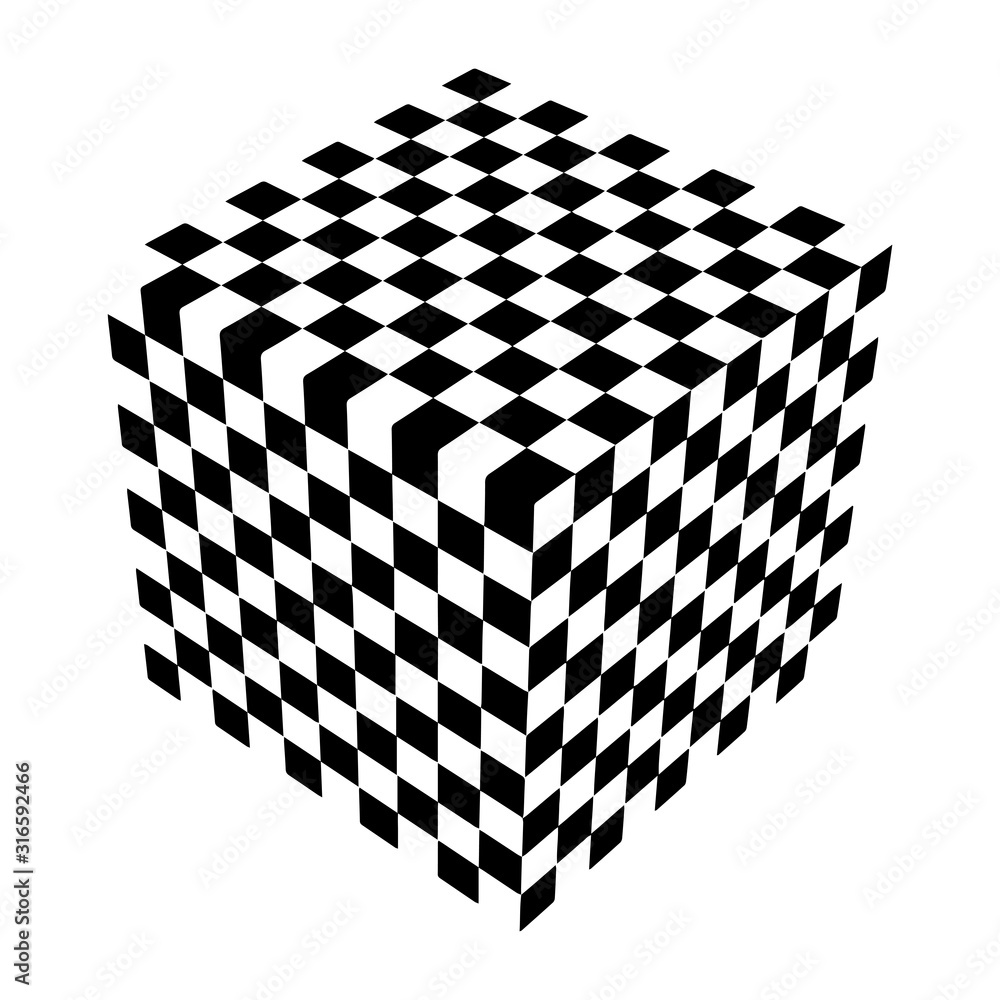 Optical illusion cube. Chess board. Abstract 3d black and white ...