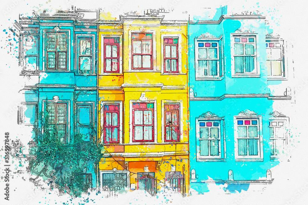 Watercolor sketch of ancient traditional apartment buildings in the ...