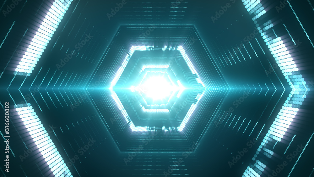 Abstract background with futuristic portal and digital particles ...