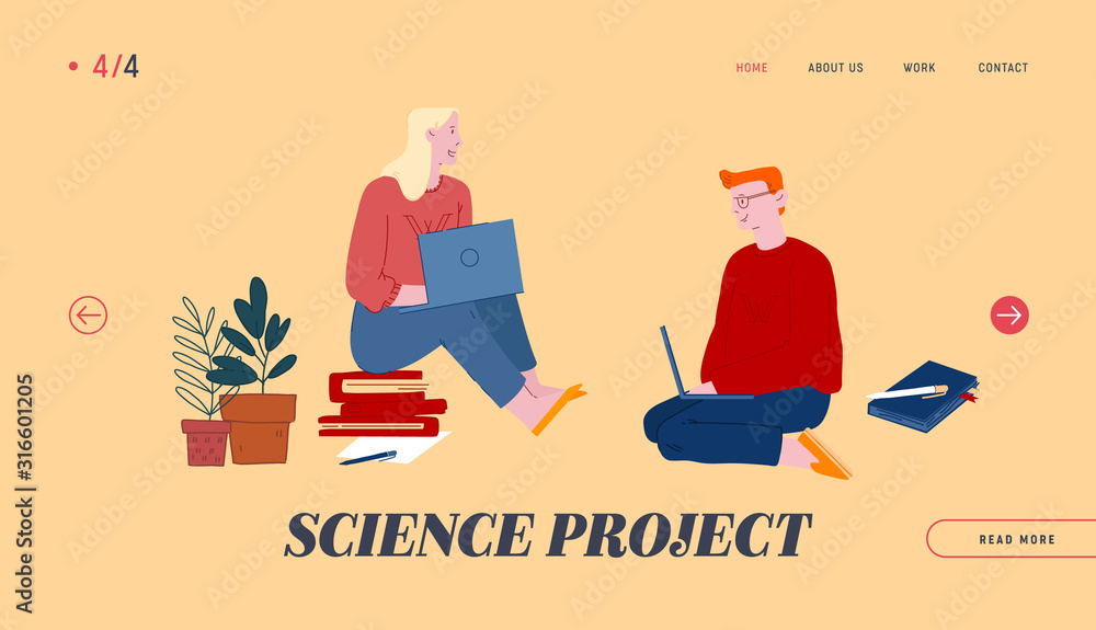 Science Project Website Landing Page. Man and Woman Students Sit on ...