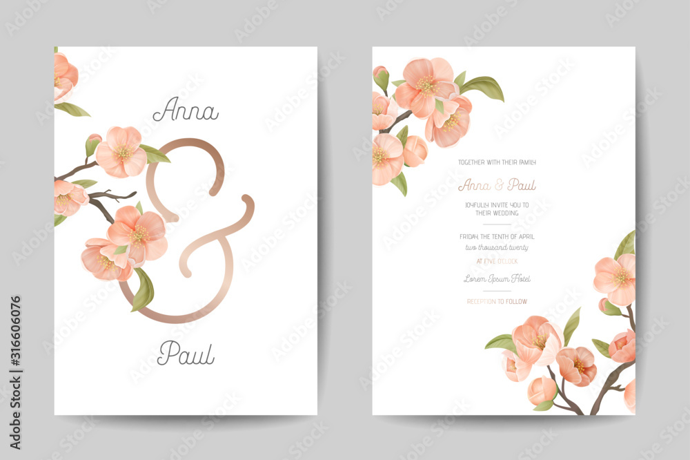 Wedding Invitation Card Front Back Side Set. Template Design, Sakura ...