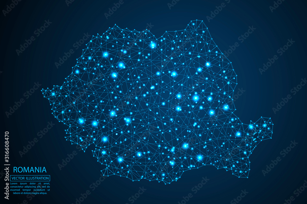 A map of Romania consisting of 3D triangles, lines, points, and ...