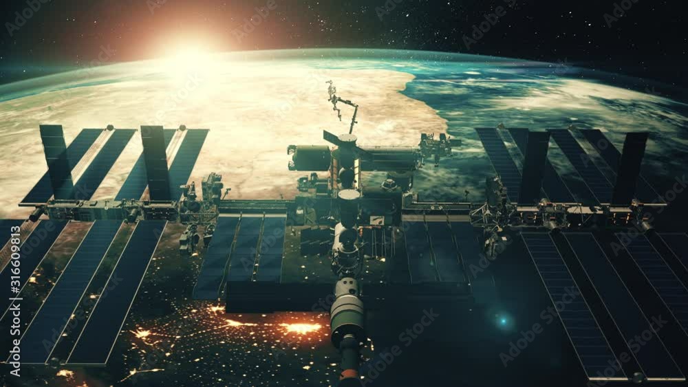 Close up ISS flying over Earth globe atmosphere. International Space ...