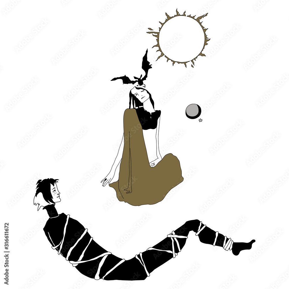 Isolated vector illustration. Two fantastic characters. Bound captive ...