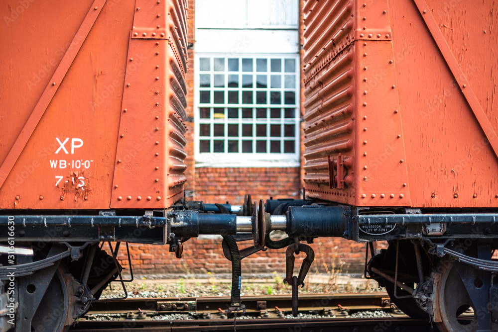 Close-up of outer wall of old abandoned train wagon science industry ...