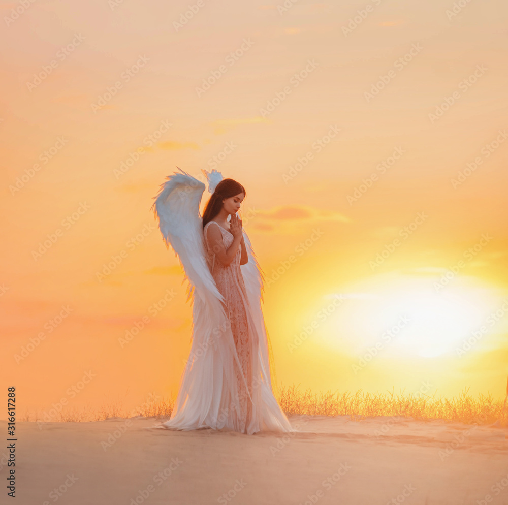 Attractive young woman angel stands in desert praying. Creative glamour ...