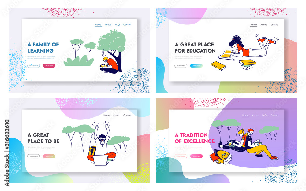Students Studying Website Landing Page Set. Boys and Girls Reading ...