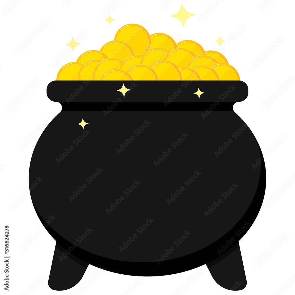 Black cauldron full of golden coins isolated on white background. Stock ...