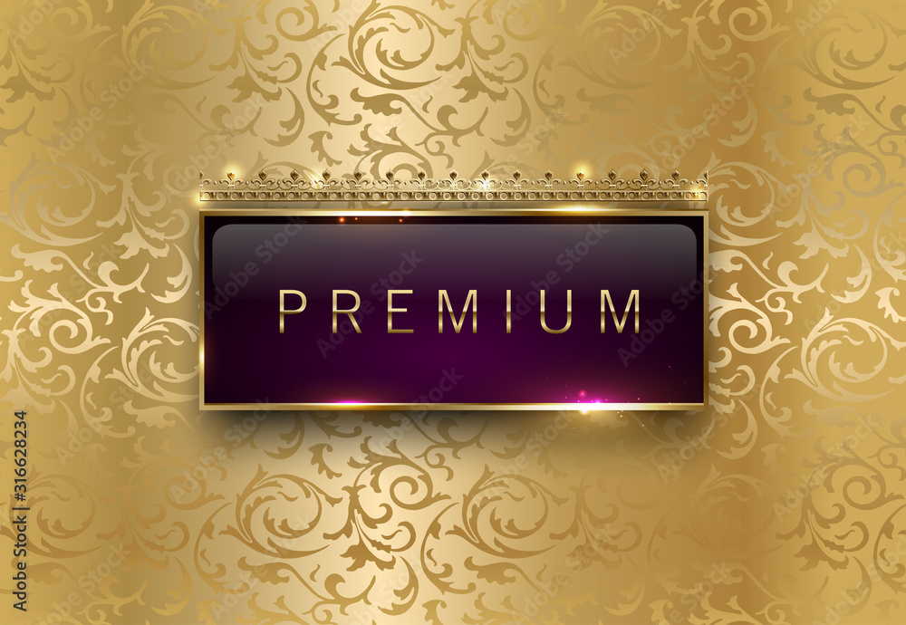 Premium purple label with rectangle golden frame crown on gold floral ...