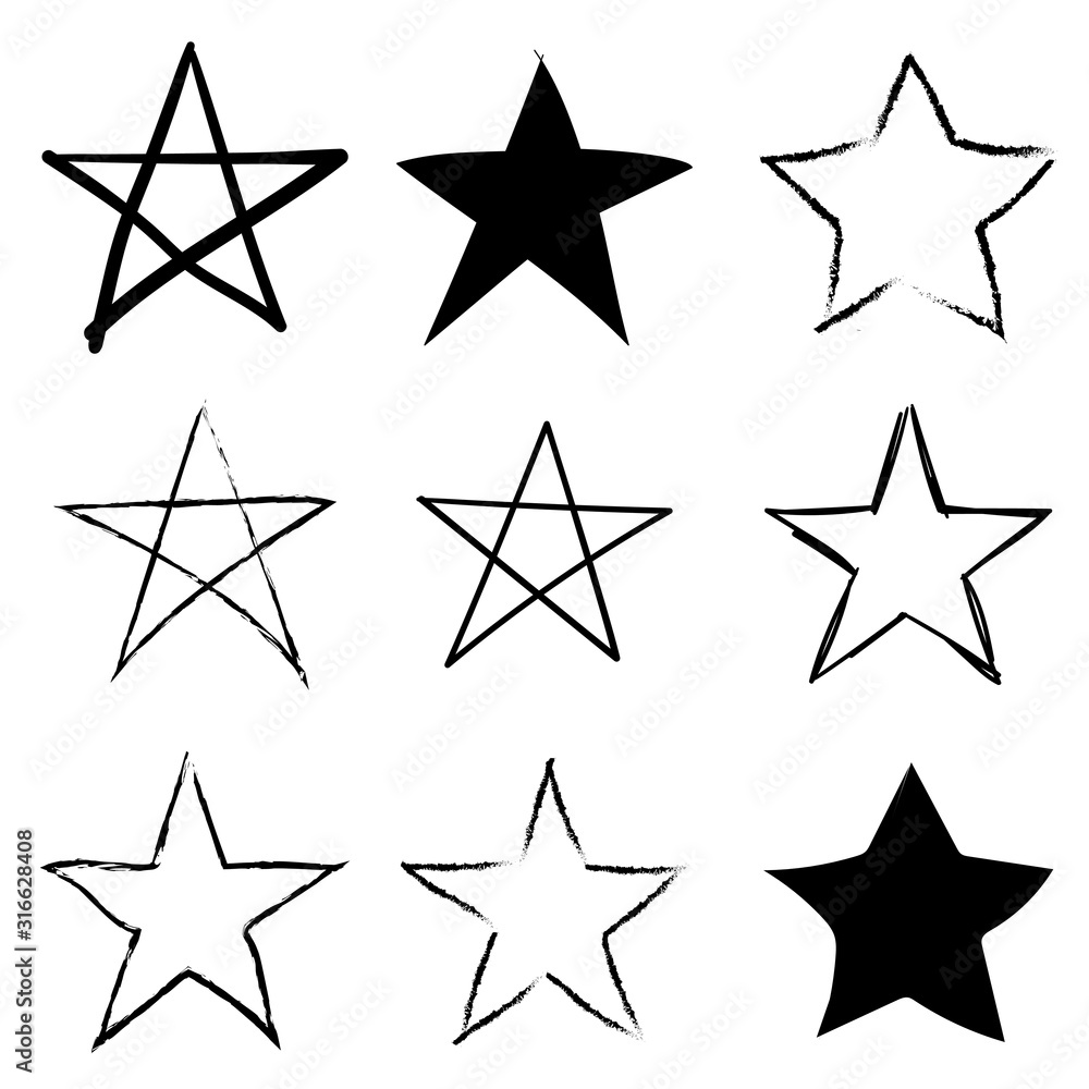 Set hand drawn star. Object for design use. Black and white background ...