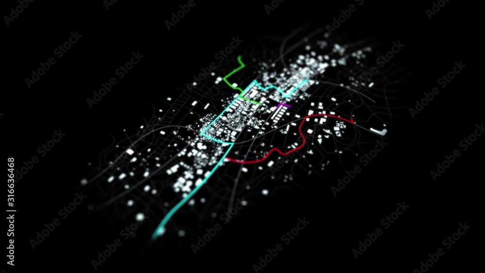 3D Rendering city map with GPS navigator and different color route ...