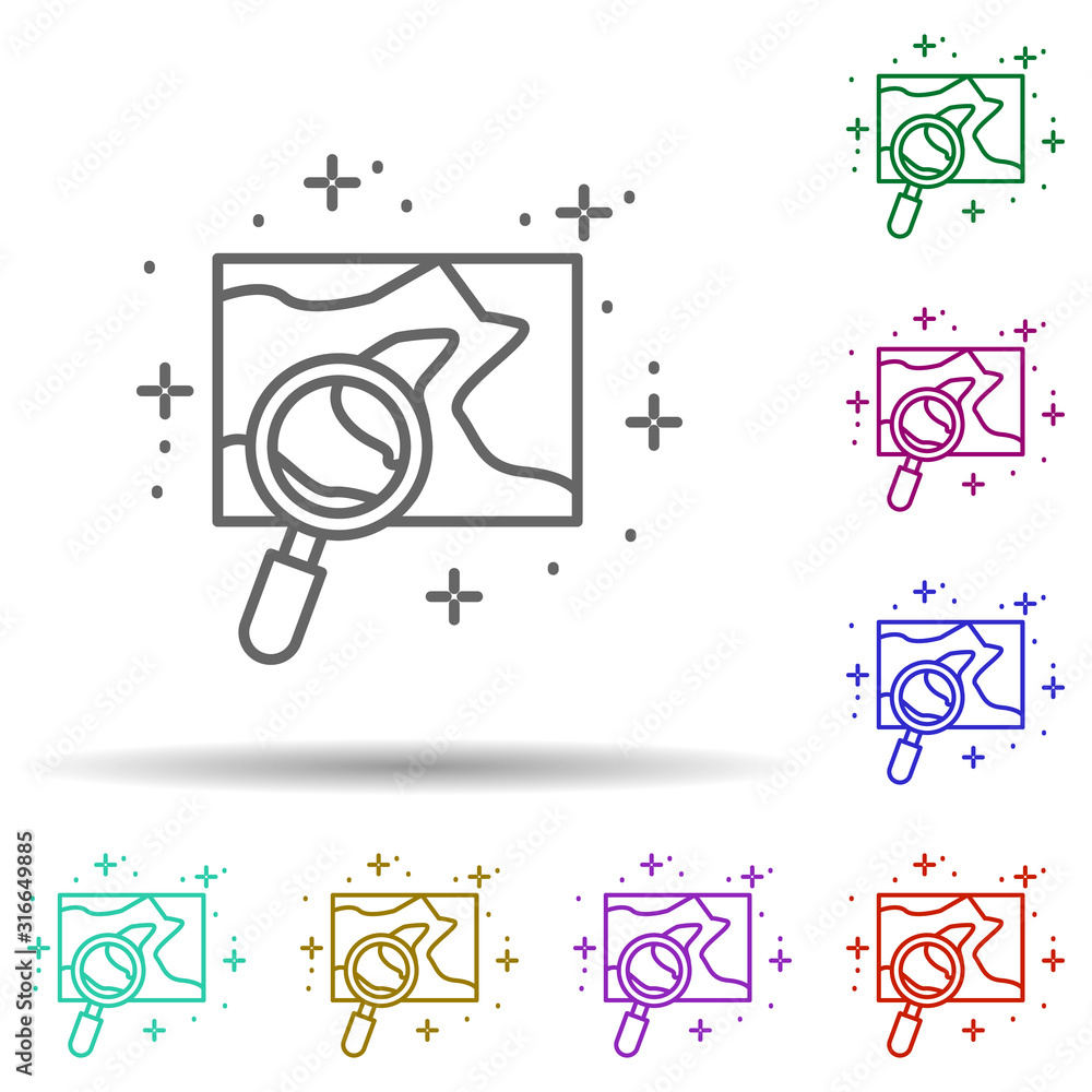 Map, magnifier in multi color style icon. Simple thin line, outline ...