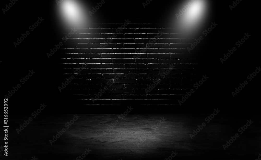 Studio empty dark room black brick wall and spotlight use for product ...