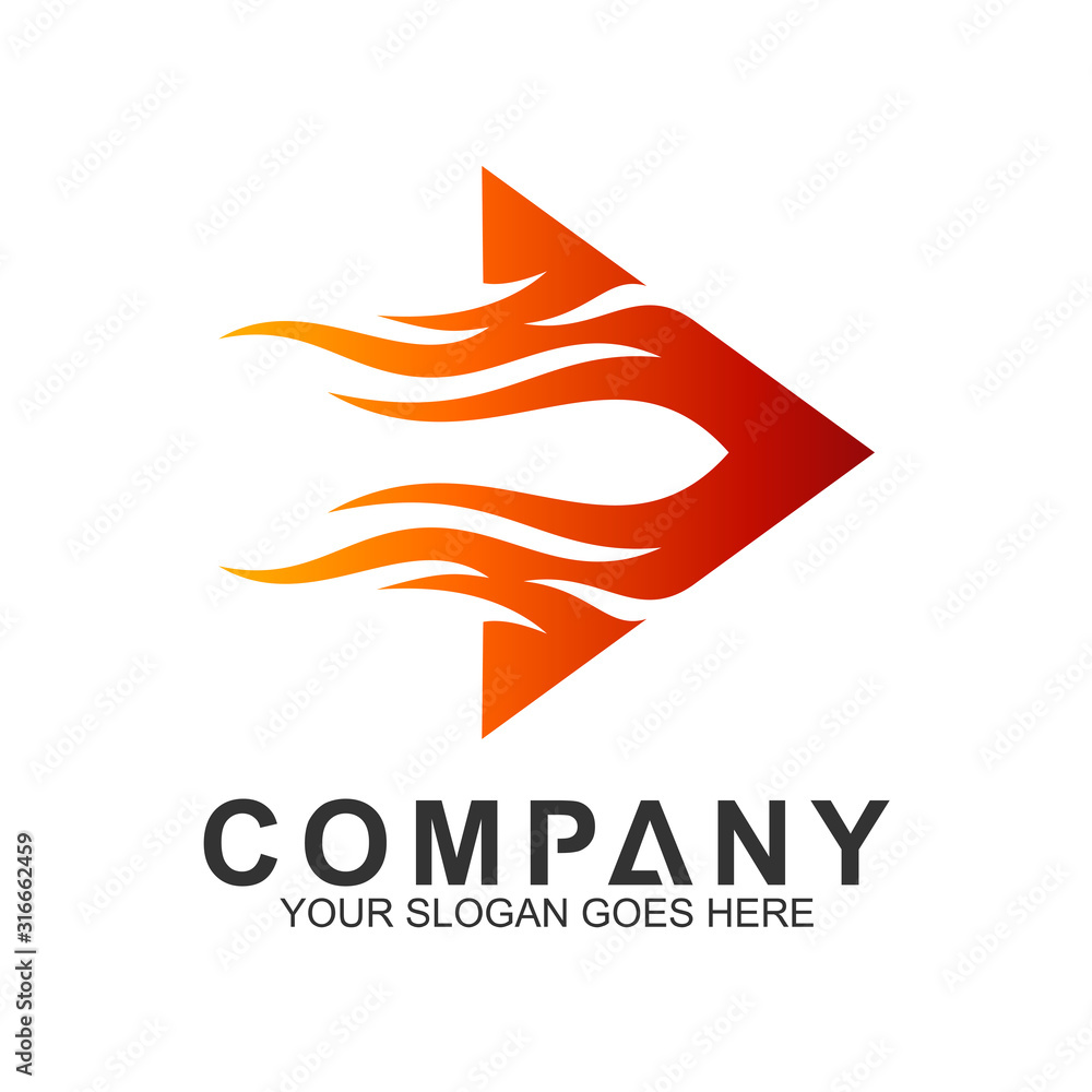fast arrow logo with fire motion shape, hot play logo Stock Vector ...