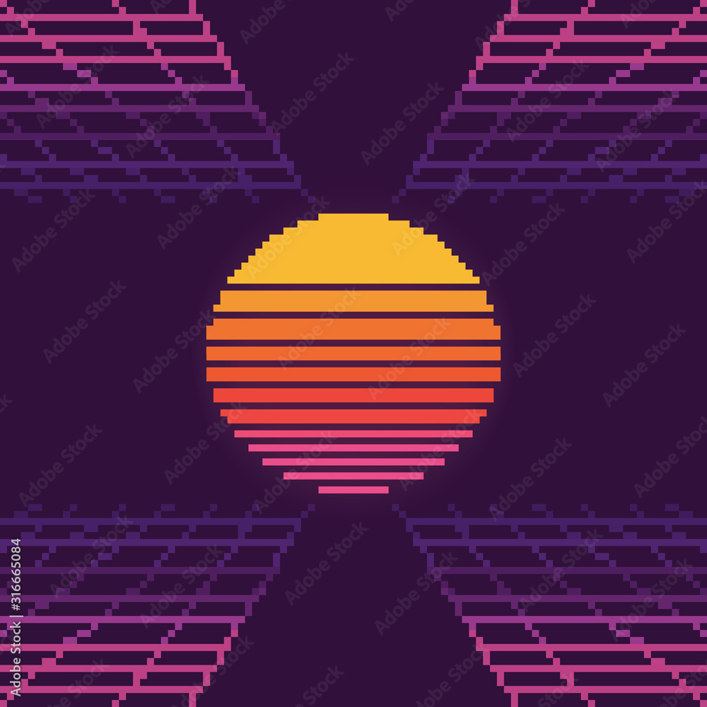 Vector pixel art of 80s Retro sci-Fi background. Pixel art background ...